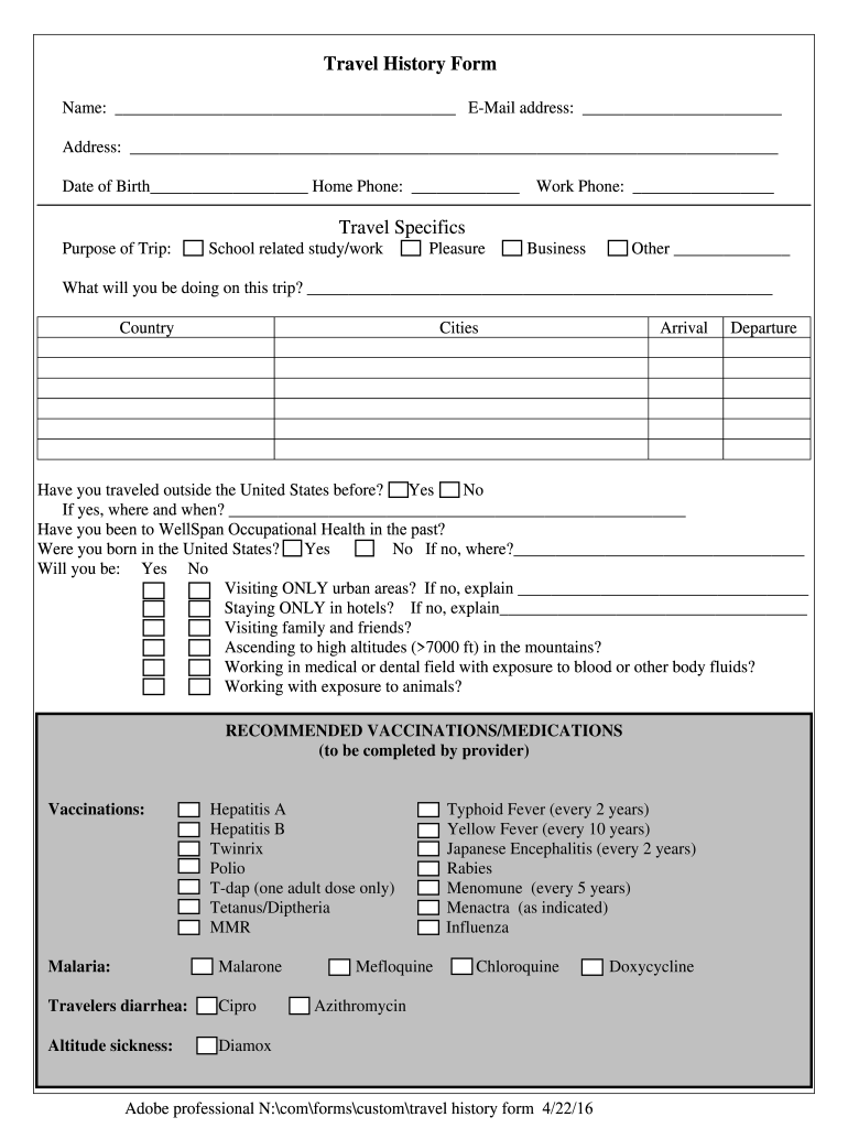 Fillable Online Travel History Form Fax Email Print - pdfFiller