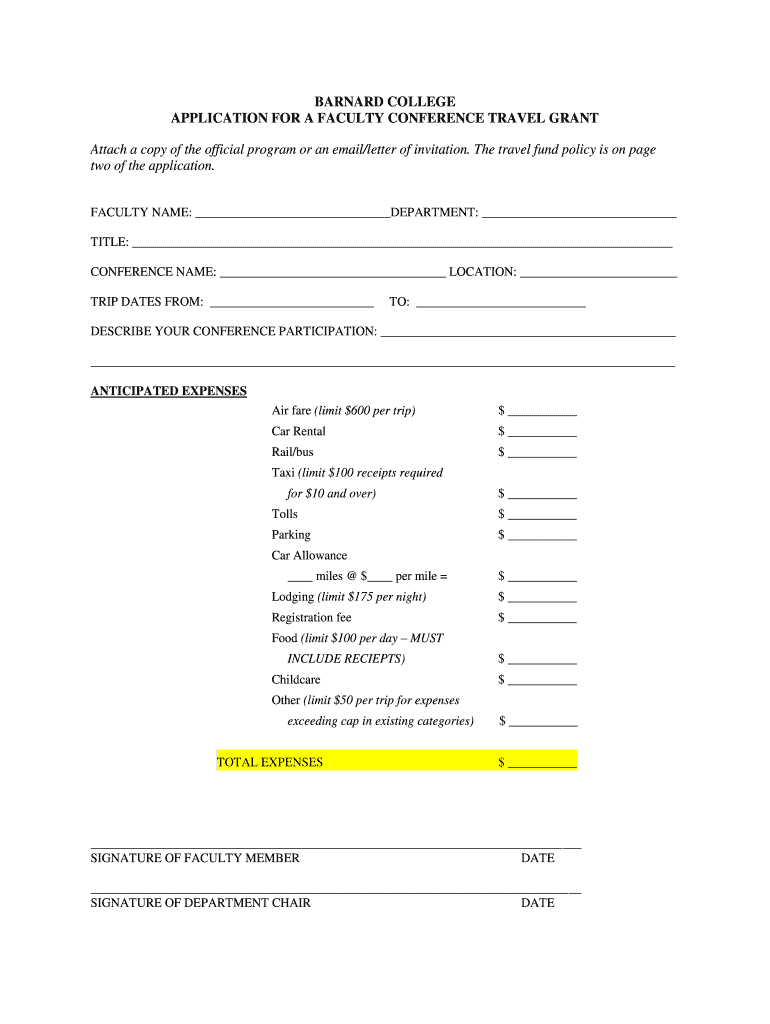 Fillable Online Barnard College Faculty Conference Travel Grant ...