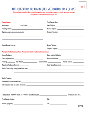 Fillable Online Authorization to administer medication to a camper ...