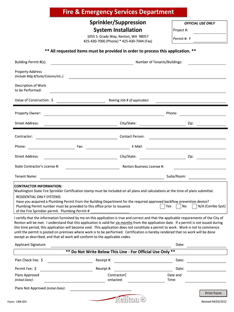 Fillable Online rentonwa Sprinkler/Suppression Fax Email Print - pdfFiller