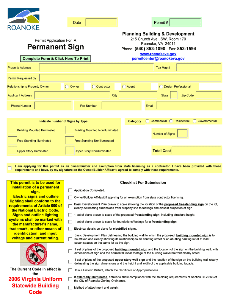 Fillable Online Permit Application For A Permanent Sign Fax Email Print ...