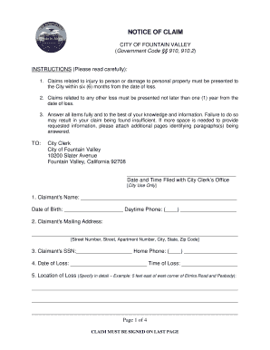 Notice Of Claim Form - City Of Fountain Valley - Fountainvalley - Fill ...