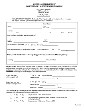 Fillable Online cityofoviedo POLICE OFFICER PRE-SCREENER QUESTIONNAIRE ...
