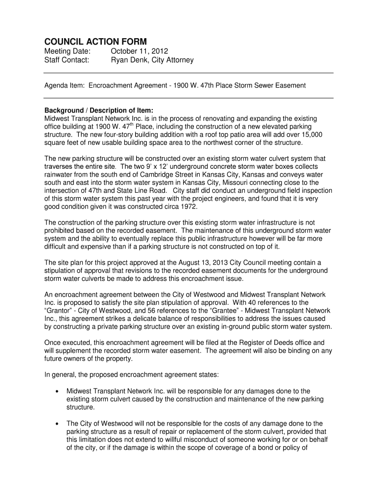 Fillable Online Encroachment Agreement - 1900 W. 47th Place Storm Sewer ...