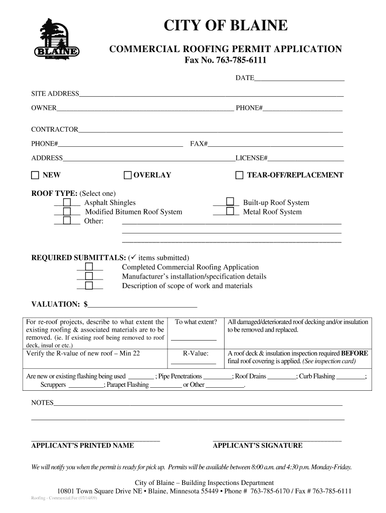 Fillable Online City of Blaine Commercial Roofing Permit Application ...