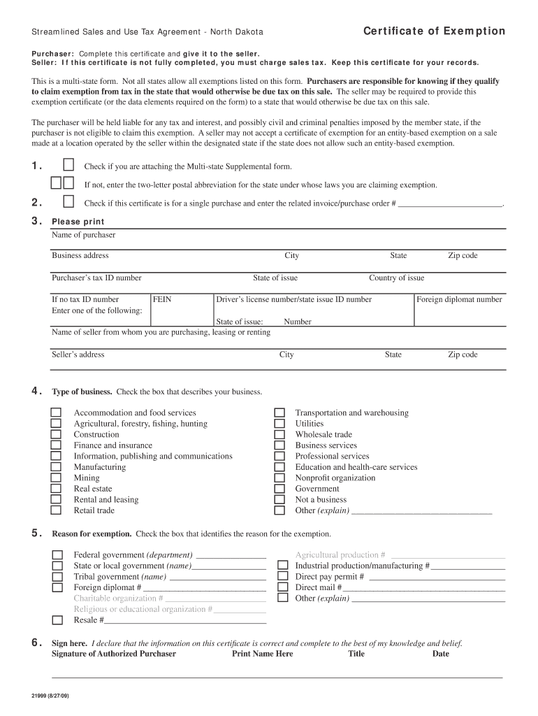 Fillable Online Streamlined Sales and Use Tax Agreement - North Dakota ...