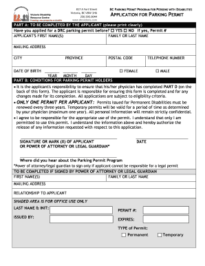 Fillable Online APPLICATION FOR PARKING PERMIT - Victoria Disability ...