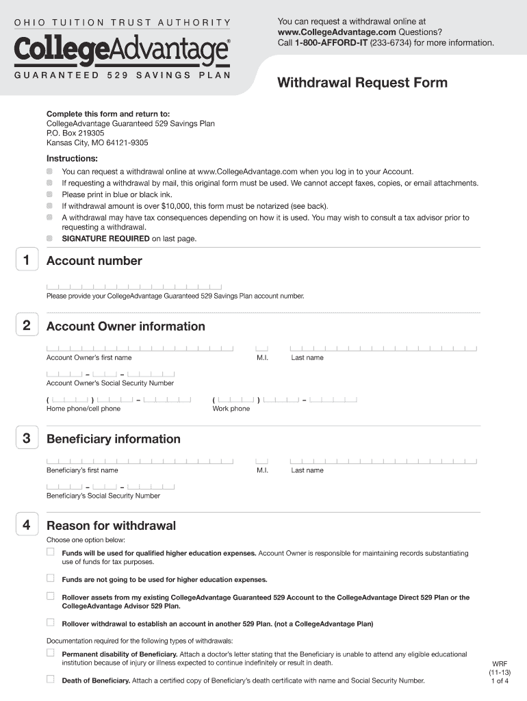 CollegeAdvantage 529 Savings Plan Withdrawal Request Form - Blank ...