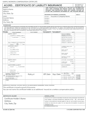 Fillable Online 25 Certificate of Liability Insurance-WC SAMPLE Fax ...