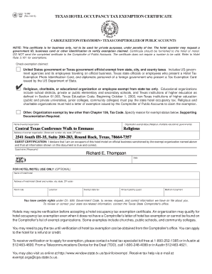 Fillable Online TEXAS HOTEL OCCUPANCY TAX EXEMPTION CERTIFICATE ... Fax ...