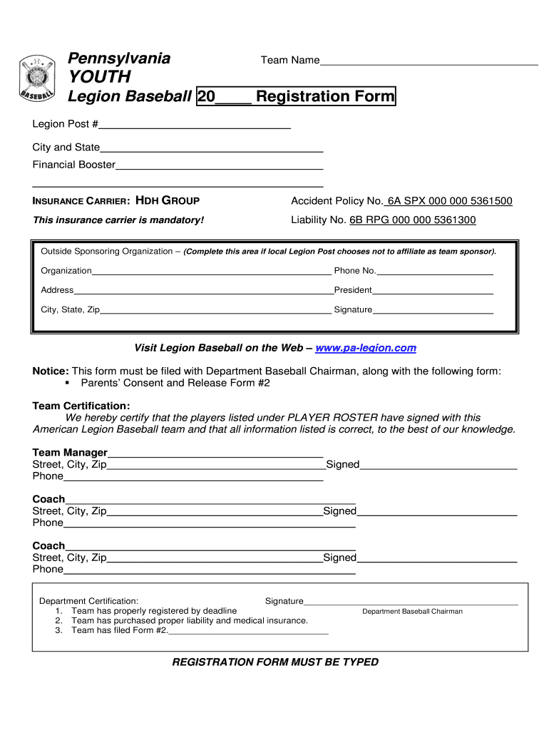 Fillable Online Pennsylvania Youth Legion Baseball Registration Fax Email Print - pdfFiller