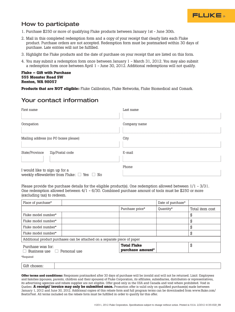 Fillable Online Fluke Gift with Purchase Redemption Form Fax Email ...