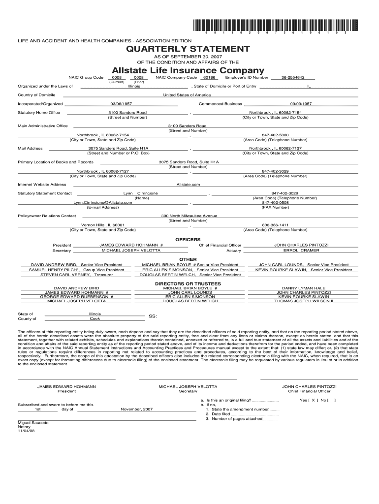 Fillable Online QUARTERLY STATEMENT AS OF SEPTEMBER 30, 2007 Fax Email ...