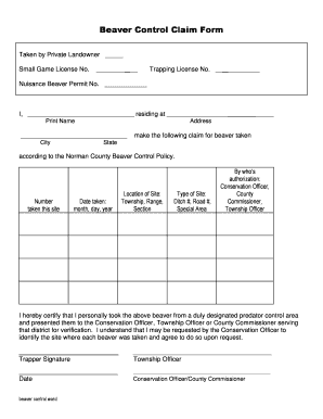 Fillable Online Beaver Control Claim Form - Norman County Fax Email Print - pdfFiller