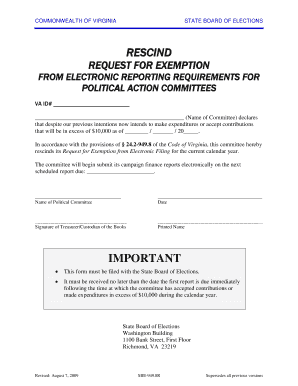 Fillable Online sbe virginia Rescind a Request for Exemption from ...