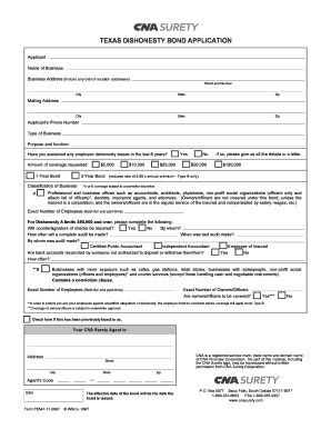 Fillable Online Texas Dishonesty Bond Application - CNA Surety Fax ...