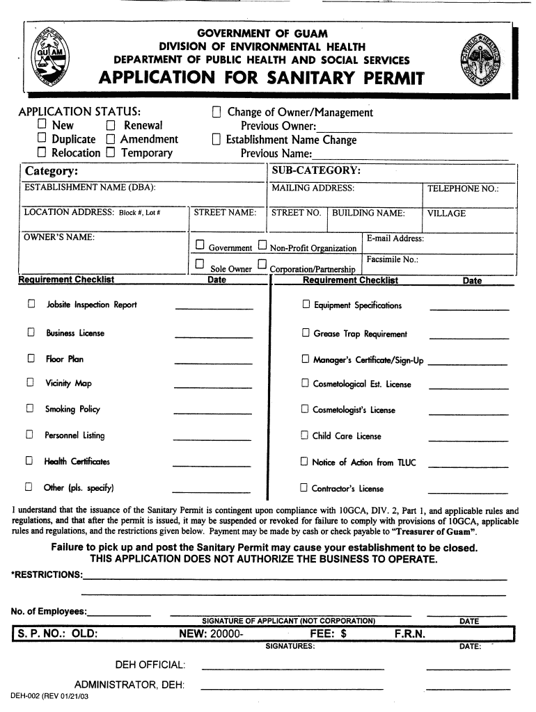 Fillable Online APPLICATION FOR SANITARY PERMIT (Change of Owner ...