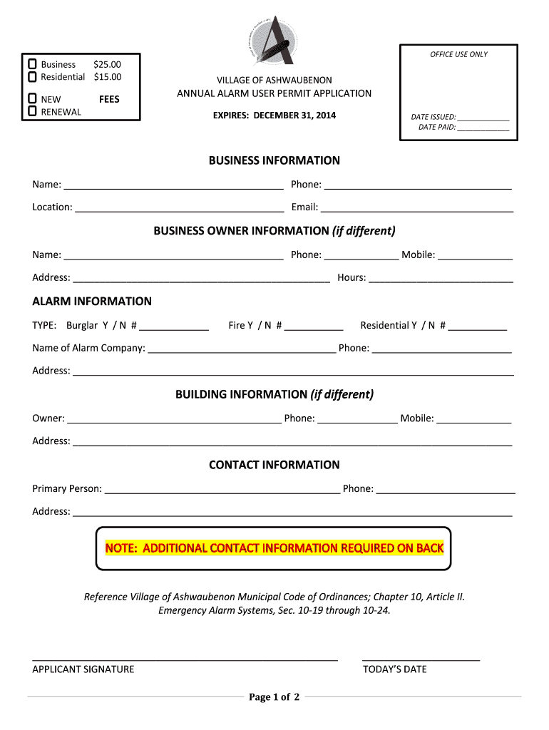 Fillable Online Annual Alarm User Permit Application Fax Email Print ...