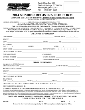 Fillable Online 2014 NUMBER REGISTRATION FORM - Stafford Motor Speedway ...