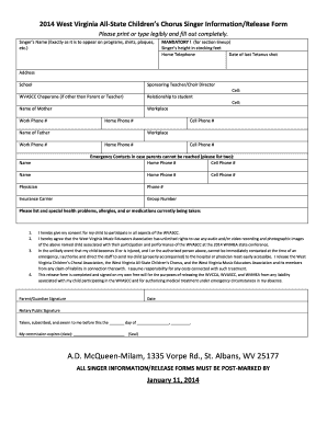 Fillable Online Singer Information and Release Form 2014 - Webs Fax ...