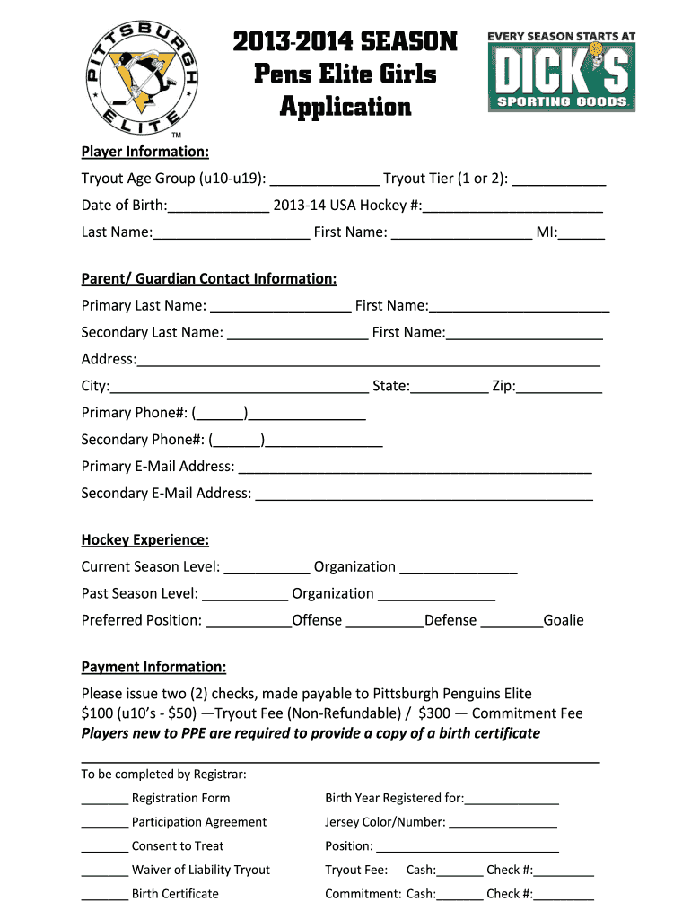 Fillable Online 2013-2014 SEASON Pens Elite Girls Application Fax Email ...