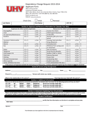Fillable Online uhv Dependency Change Request 2013-2014 Applicant Form ...