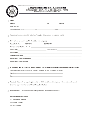 Fillable Online schneider house Immigration privacy authorization form ...