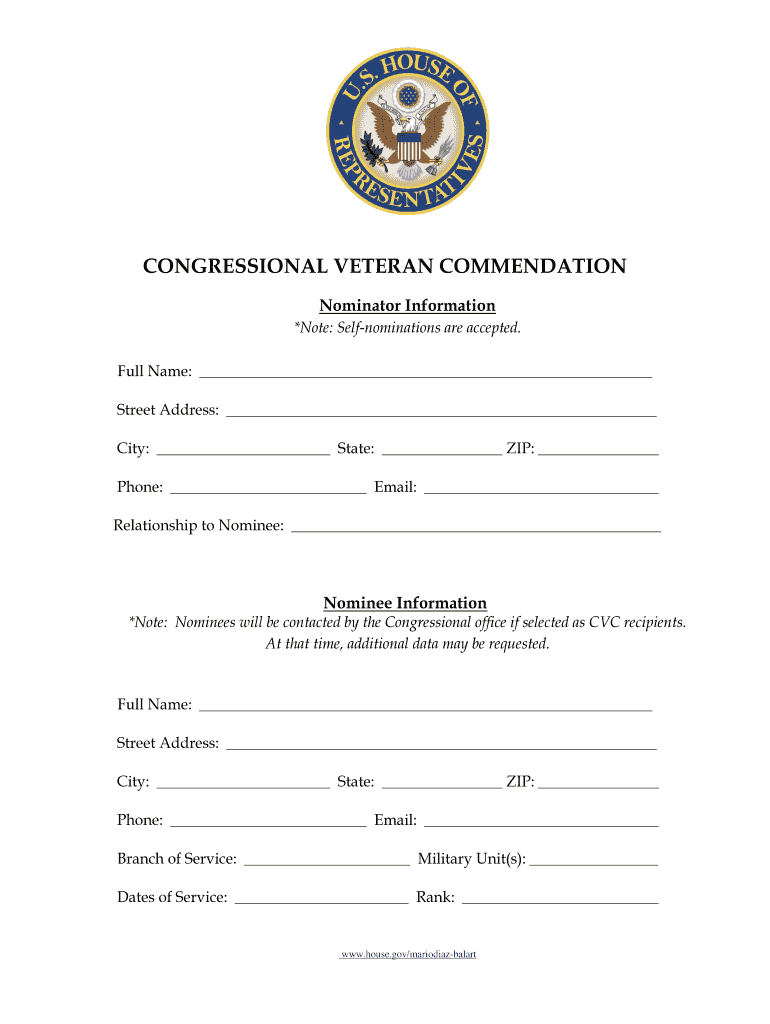 Fillable Online Congressional Veteran Commendation Fax Email Print ...