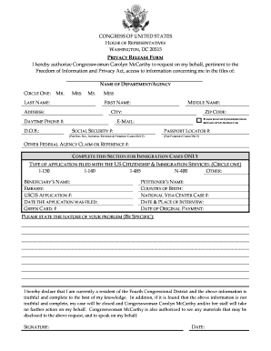 Fillable Online Privacy Release Form - Congresswoman Carolyn McCarthy ...
