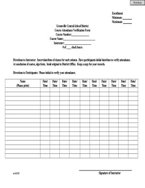 Fillable Online greenville k12 ny Course Attendance Verification Form ...