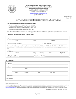 Fillable Online dshs state tx Sanitarian Application and Upgrade Packet ...