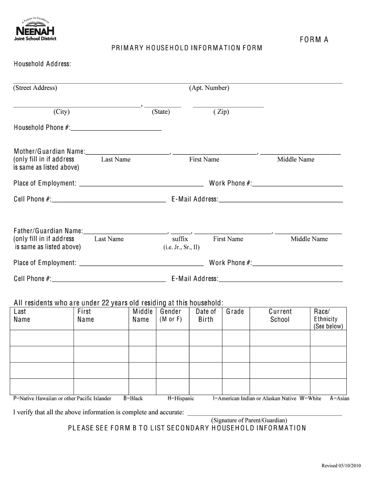 Fillable Online Primary Household Information Form & Secondary Household Information Form Fax ...