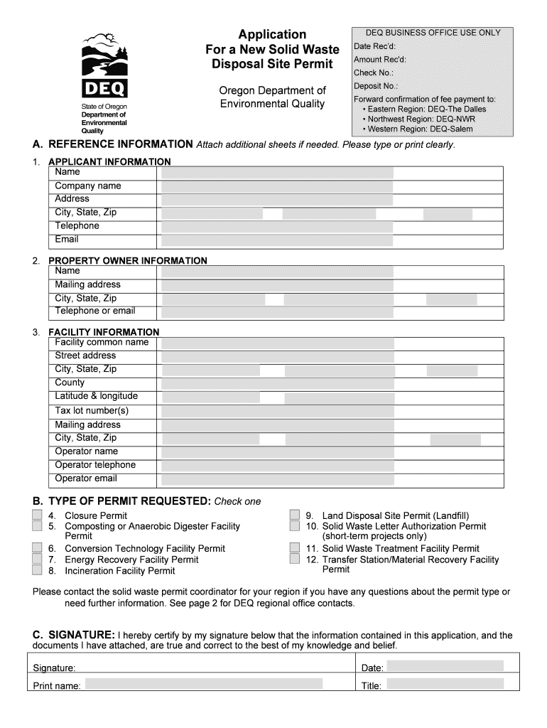 Fillable Online Solid Waste Disposal Site Permit Application Fax Email ...