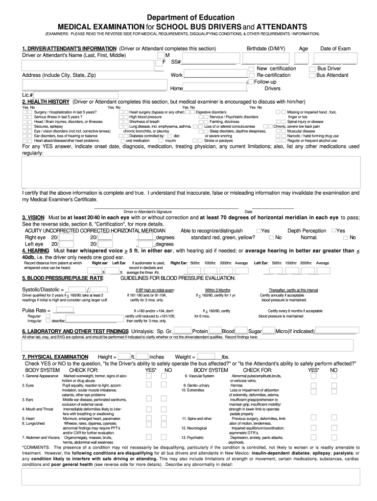 Fillable Online MEDICAL EXAMINATION for SCHOOL BUS DRIVERS and ...