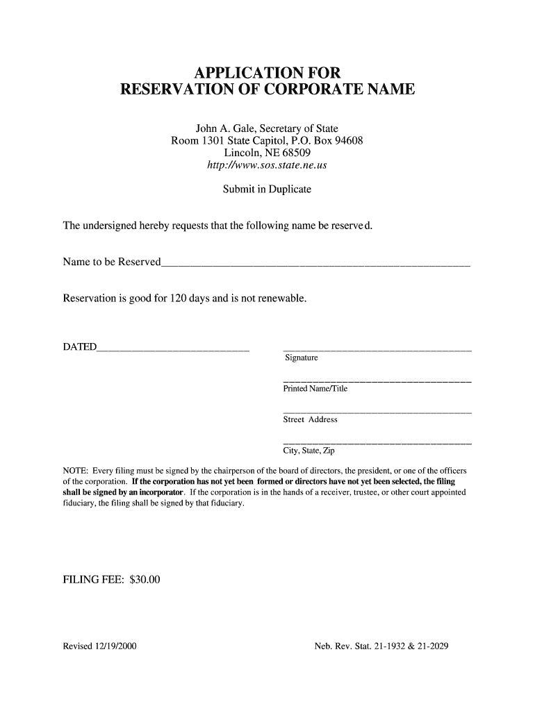 Fillable Online Application for Reservation of Corporate Name Fax Email ...