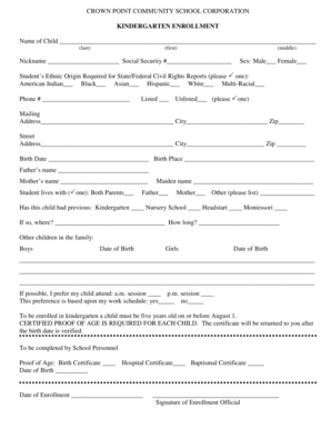Fillable Online Kindergarten Enrollment form 2010 - Crown Point ...