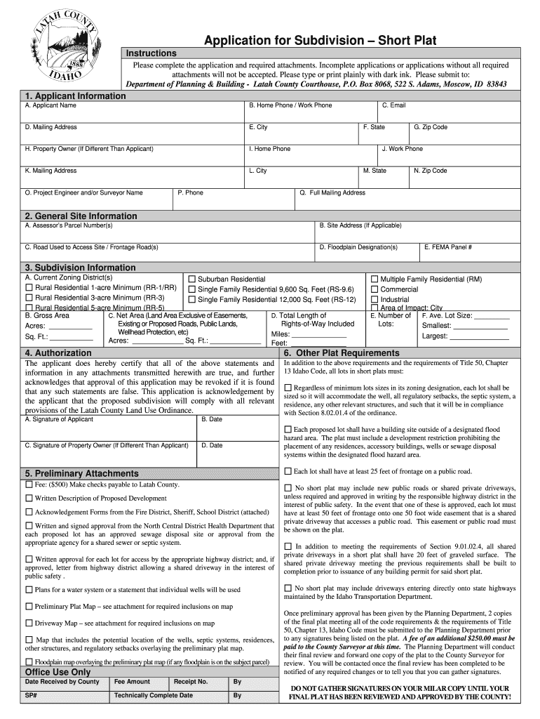 Fillable Online Application for Subdivision – Short Plat Fax Email ...