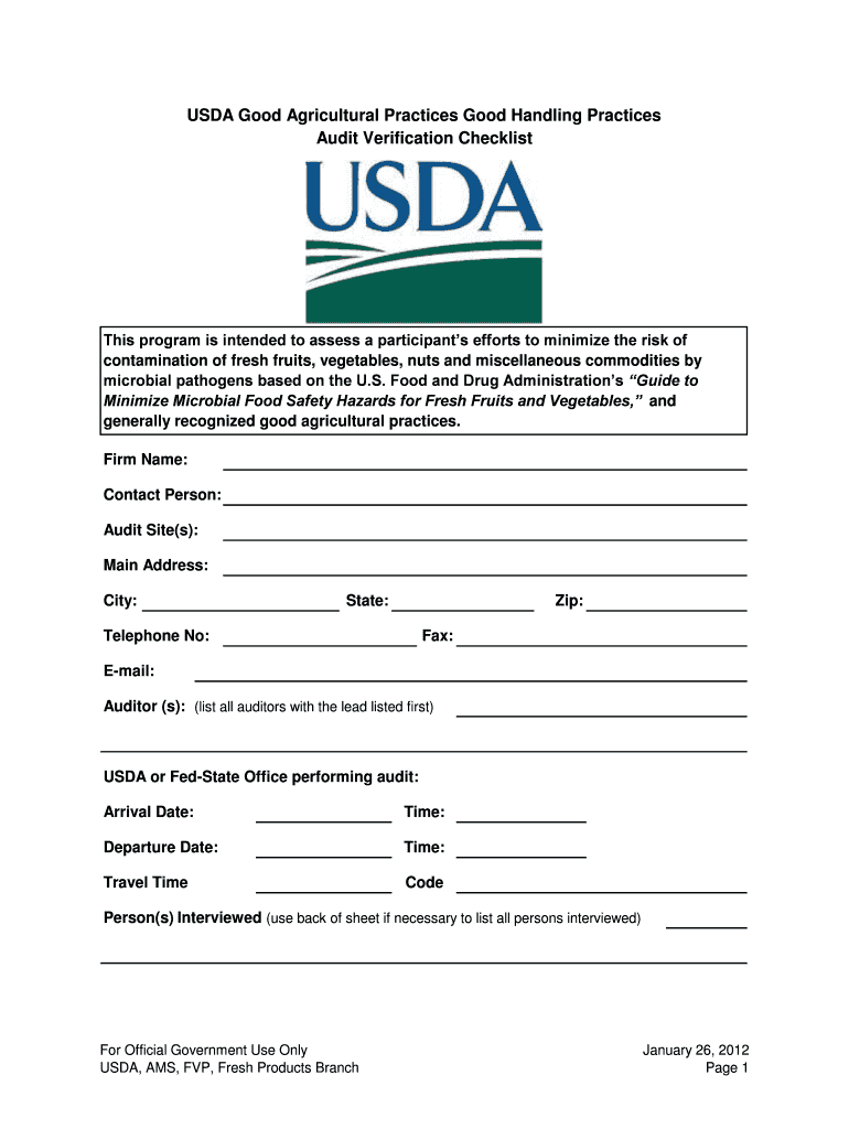 Fillable Online USDA GAP & GHP Audit Verification Checklist Fax Email ...