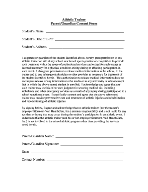Fillable Online Athletic Trainer Parent/Guardian Consent Form Student's Name ... Fax Email Print ...
