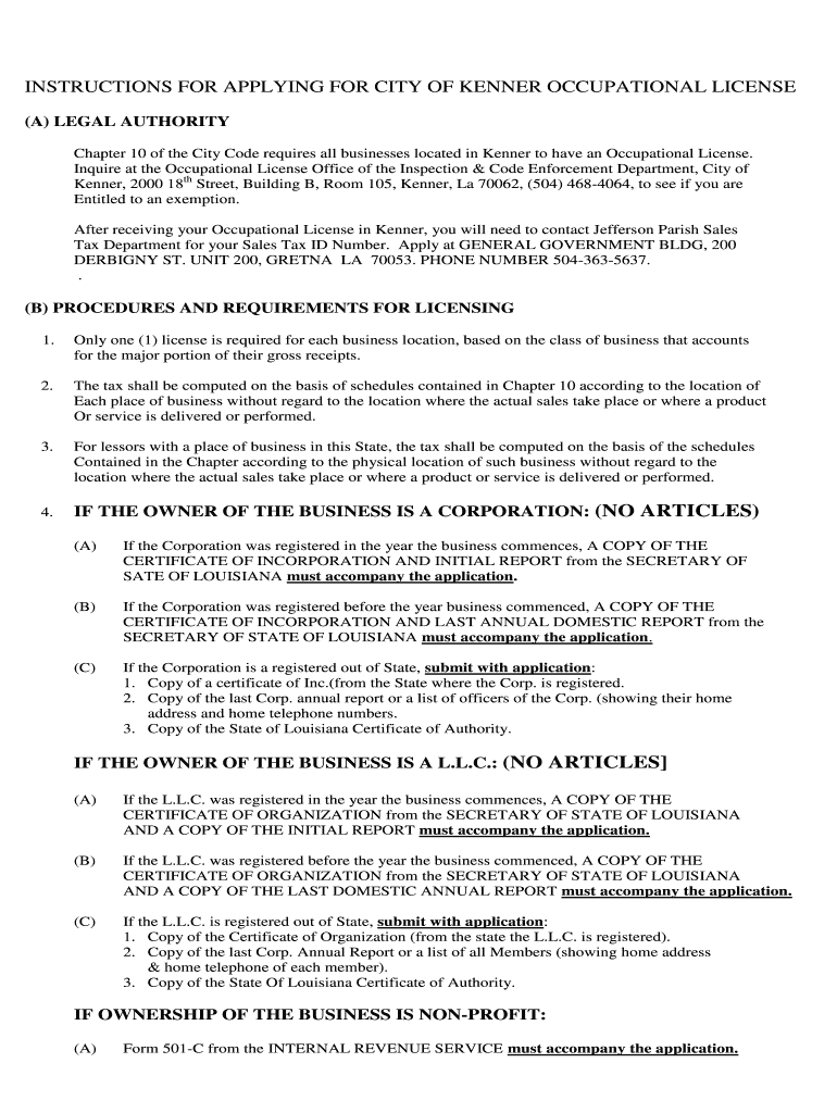 Fillable Online Instructions for Applying for City of Kenner ...