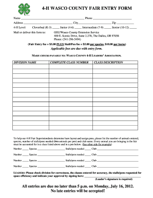 Fillable Online 4-H WASCO COUNTY FAIR ENTRY FORM Fax Email Print ...