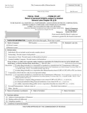 Fillable Online town canton ma FISCAL YEAR -- FORM OF LIST Return of ...