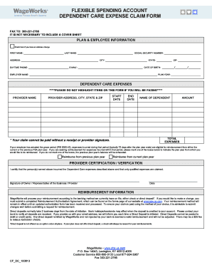 Fillable Online Dependent Care Claim Form - WageWorks - Us.com Fax ...