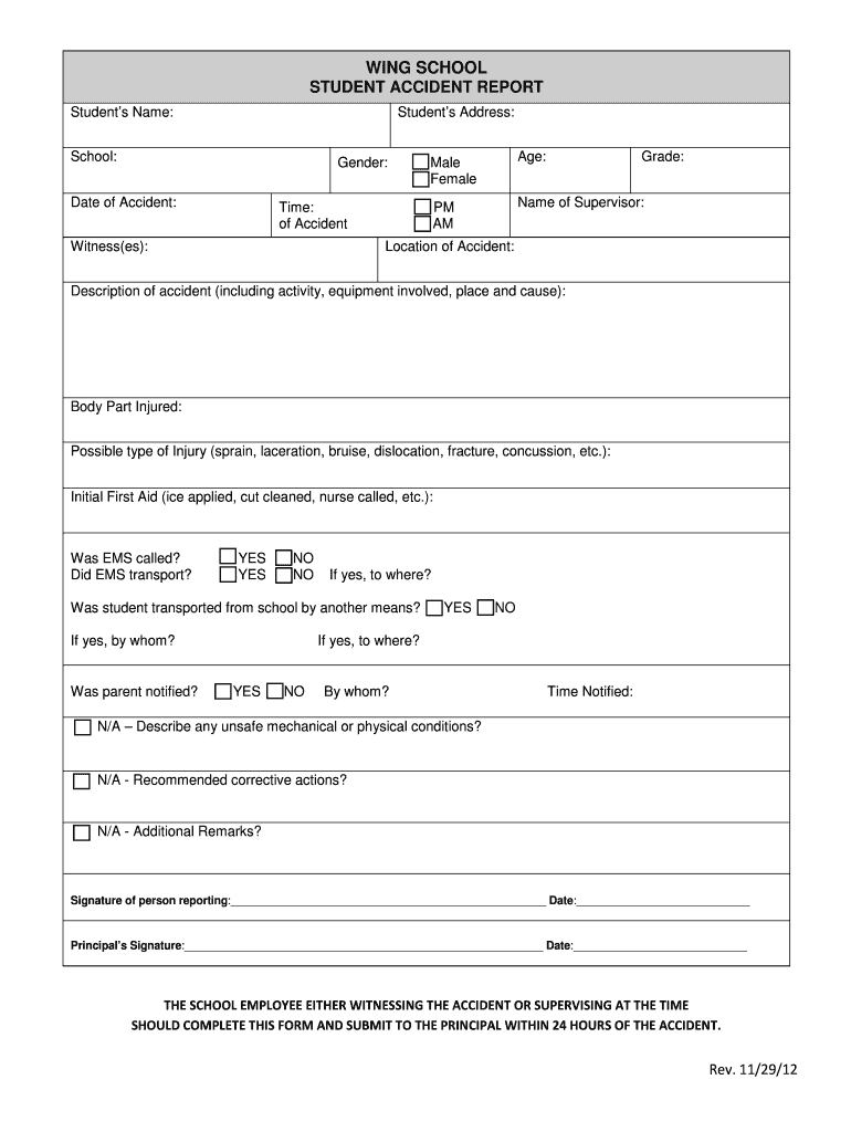 Fillable Online WING SCHOOL STUDENT ACCIDENT REPORT Fax Email Print - pdfFiller
