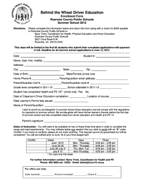 Fillable Online Driver's Education Behind the Wheel Registration Form ...