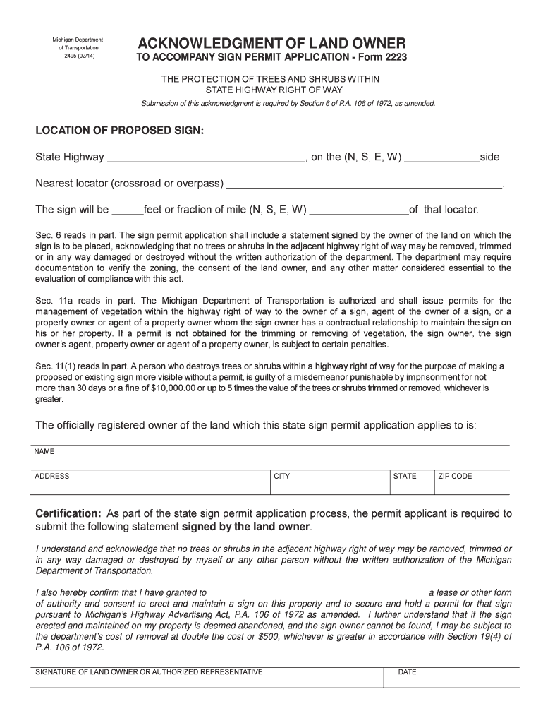 Fillable Online ACKNOWLEDGMENT OF LAND OWNER TO ACCOMPANY SIGN PERMIT ...
