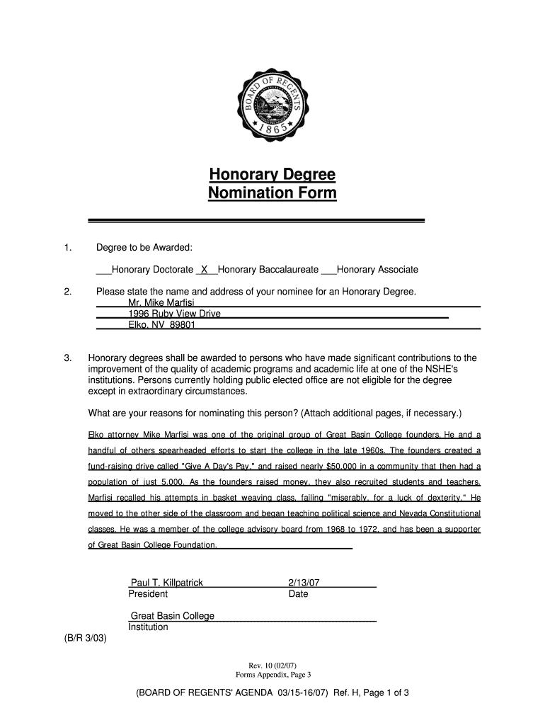 Fillable Online Honorary Degree Nomination Form Fax Email Print - pdfFiller