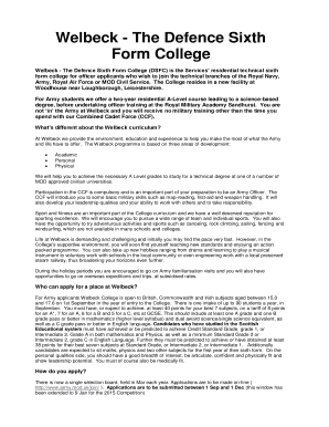 Fillable Online Welbeck - The Defence Sixth Form College - British Army ...