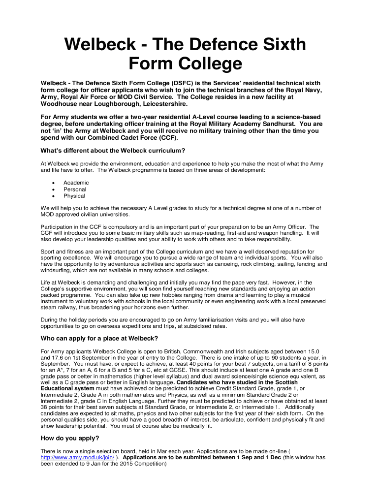 Fillable Online Welbeck - The Defence Sixth Form College Overview Fax ...