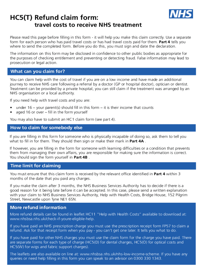 Fillable Online Claim form for a refund of travel costs to receive NHS ...